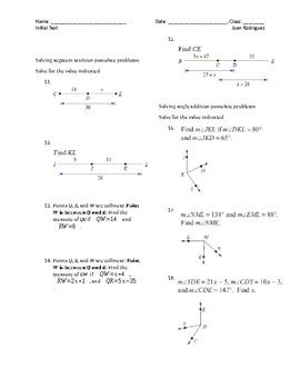 Initial Assessment Quiz Segment Addition And Angle Addition Partitions