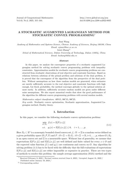 Global Science Press A Stochastic Augmented Lagrangian Method For