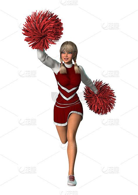 3d渲染年轻的啦啦队长与白色的绒球