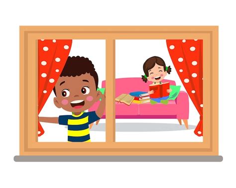 Niño Mirando Por La Ventana Vector Premium