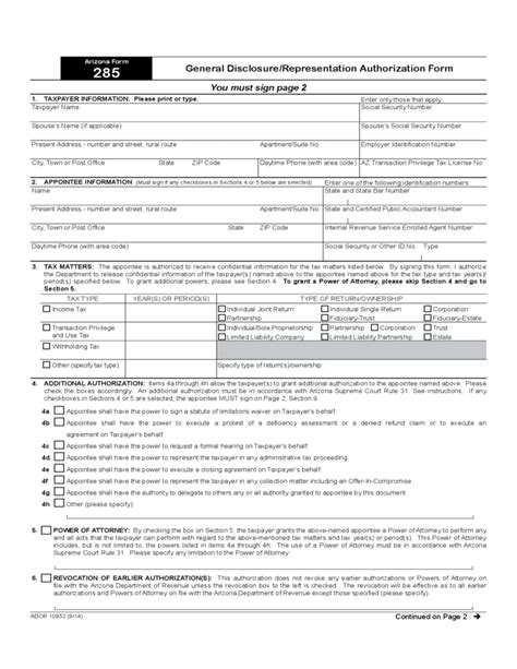 Form 285 General Disclosure Representation Authorization Form Arizona Free Download