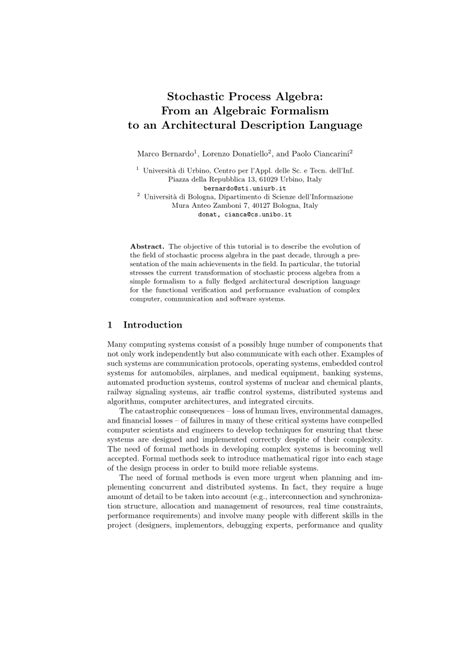 Pdf Stochastic Process Algebra From An Algebraic Formalism To An Architectural Description