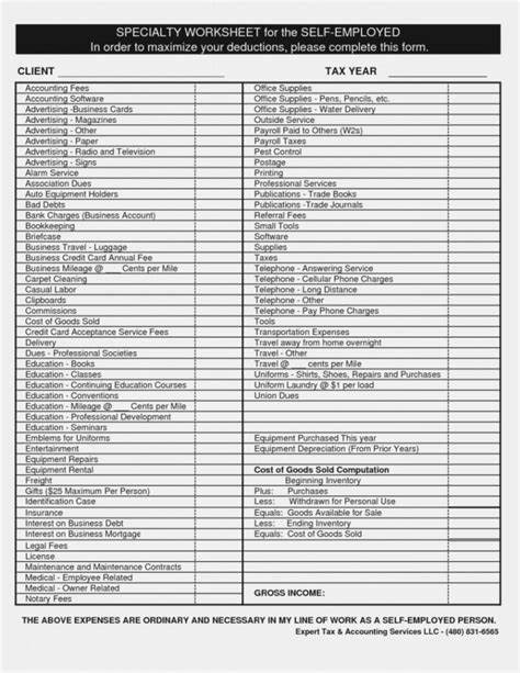 Self Employed Tax Deductions Worksheet — Db