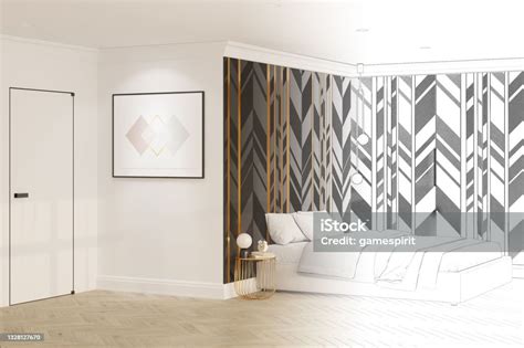 스케치는 문 옆 벽에 조명 수평 포스터 침대 옆 의 침대 옆 테이블 금색 악센트가있는 검은 장식 벽 패널이있는 실제 현대적인 침실이됩니다 0명에 대한 스톡 사진 및 기타