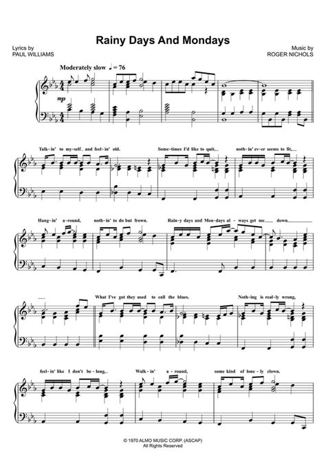 Rainy Days And Mondays By The Carpenters Sheet Music Arranged For