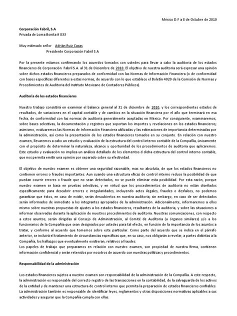 Carta Convenio Pdf Auditoría Estado Financiero