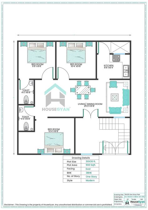 30x30 House Plan 900sft Floor Plan 3bhk Architectural Design