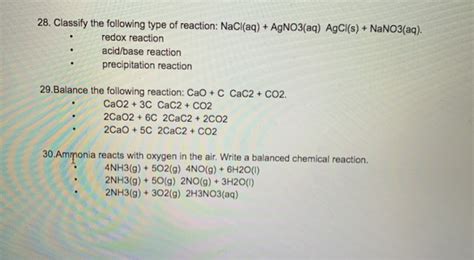 Solved 28 Classify The Following Type Of Reaction Nacl Aq