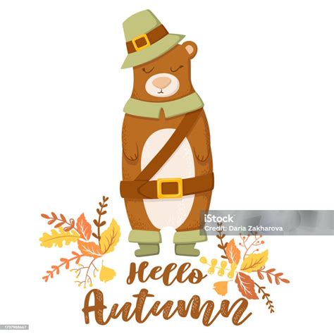 귀여운 곰 캐릭터 글자 단풍이 흰색 배경에 분리되어 있는 벡터 그림 추수 감사절 인사말 카드 초대장 템플릿 포스터에 대한 그림 10월에 대한 스톡 벡터 아트 및 기타 이미지