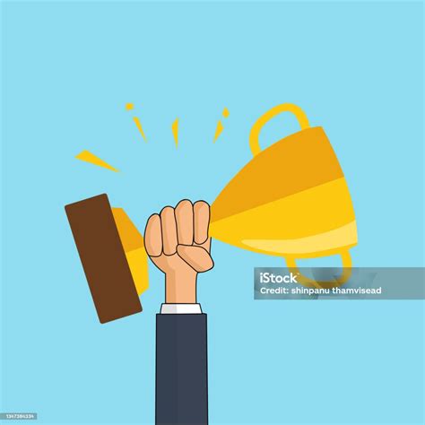 남자 핸드 홀딩 우승자의 골드 트로피 컵 우승자 트로피 상 트로피 컵 플랫 아이콘 성공 및 비즈니스 목표 개념 Championship에 대한 스톡 벡터 아트 및 기타 이미지