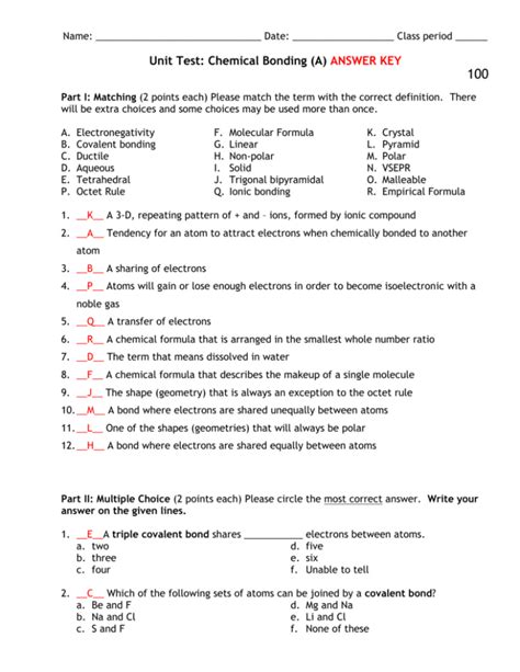 Practice Bonding Test Answer Key Db Excel