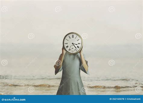 Surreal Woman With Clock In Place Of Face Checks Time Pass Stock Illustration Illustration Of