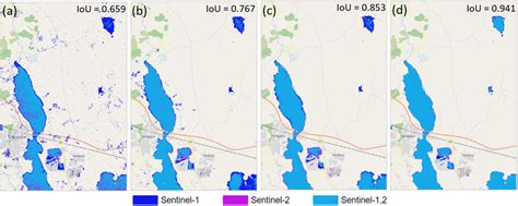 maps of optical and sar masks of surface water bodies with different
