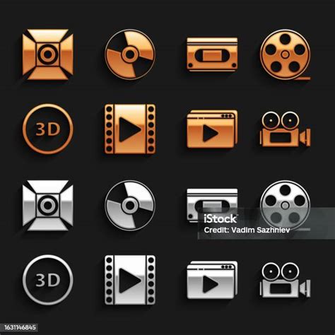 비디오 재생 필름 릴 시네마 카메라 온라인 재생 비디오 3d 워드 Vhs 카세트 테이프 영화 스포트라이트 및 Cd Dvd 디스크 아이콘을 설정합니다 벡터 0명에 대한 스톡