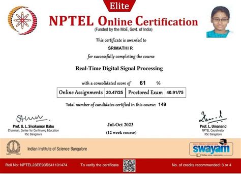 Completed Nptel Course On Real Time Dsp Srimathi Ramkumar Posted On