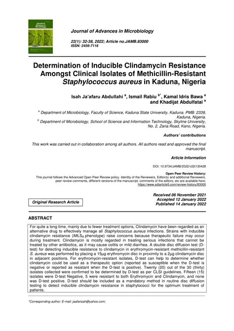 Pdf Determination Of Inducible Clindamycin Resistance Amongst Clinical Isolates Of Methicillin