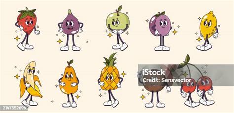 복고풍 만화 인물은 표정 다리 및 손을 가진 과일을 가지고 있습니다 파인애플과 사과 레몬과 딸기 매 화와 대추야자 코코넛과 체리 바나나 껍질의 벡터 고립 세트 가공의 인물에