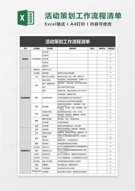 活动策划工作流程清单excel模板下载 熊猫办公