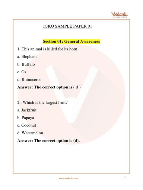 Igko Olympiad Sample Paper 1 Pdf With Answers For Class 5 Pdf