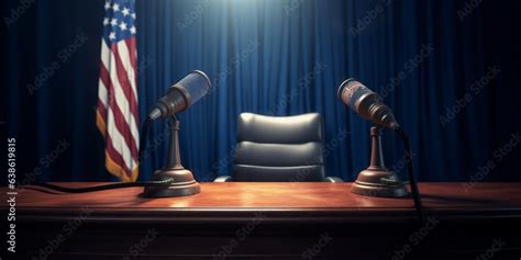 Presidential Address High Desk With Microphone In Front Of Wavy Usa