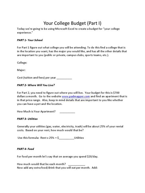 Your College Budget Assignment Pdf Spreadsheet Budget