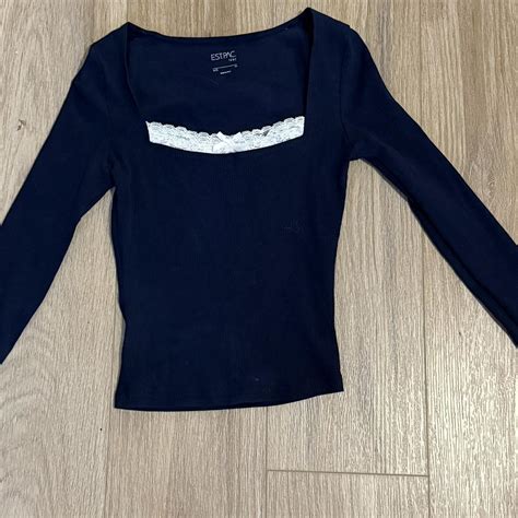 Navy Blue Long Sleeve Top With White Lace Detail Depop