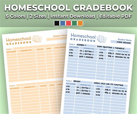 Homeschool Gradebook Printable Grading Sheet Template Kit