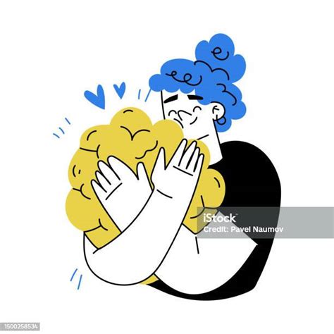 파란 머리를 가진 여성 캐릭터와 함께 자기 성장은 개인 개발 및 개선 벡터 일러스트레이션에 종사하는 그녀의 두뇌를 껴안고