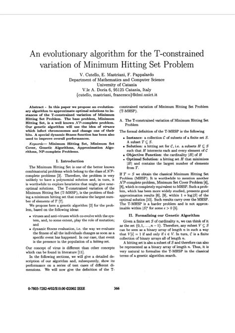 Pdf An Evolutionary Algorithm For The T Constrained Variation Of Minimum Hitting Set Problem