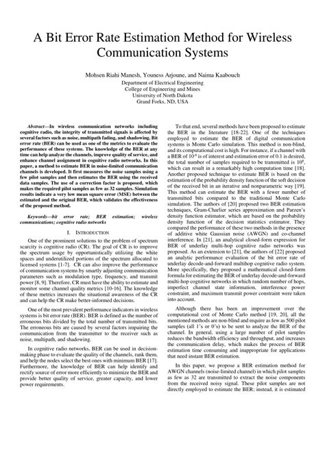 Pdf A Bit Error Rate Estimation Method For Wireless Communication Systems
