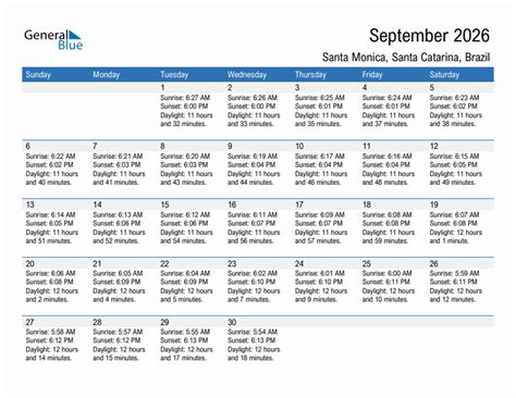 September 2026 Sunrise And Sunset Calendar For Santa Monica Brazil