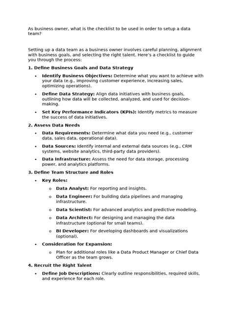 Checklist To Setup Data Team As Business Owner Pdf