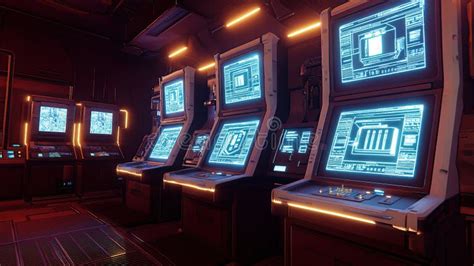 Futuristic Control Room With Multiple Glowing Screens Displaying Data And Interfaces Stock Image