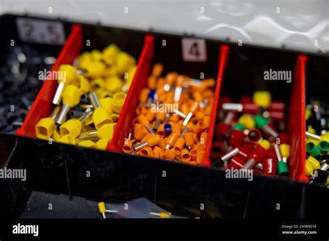 a close up of a tool box with a lot of different electrical pins stock