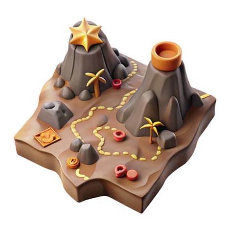 3d Island Game Map Illustration Volcanic Terrain Treasure Hunt Path