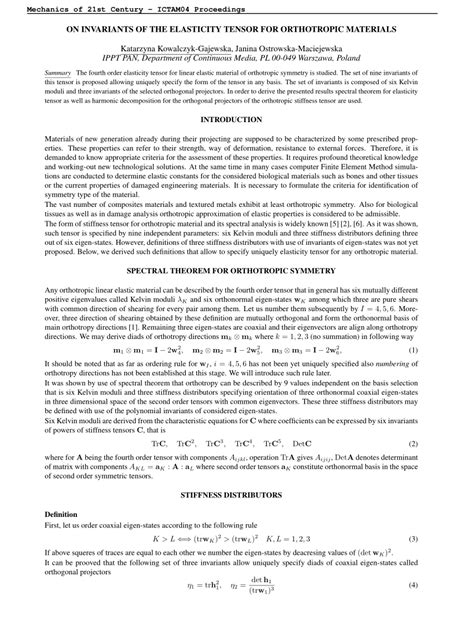 Pdf On Invariants Of The Elasticity Tensor For Orthotropic Materials