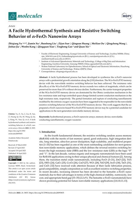 pdf a facile hydrothermal synthesis and resistive switching behavior