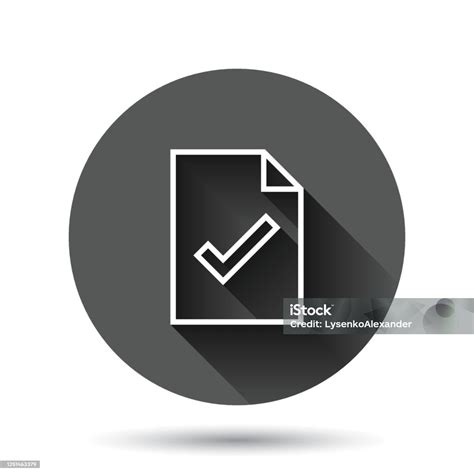 평면 스타일로 체크리스트 아이콘을 문서화합니다 긴 그림자 효과로 검정 둥근 배경에 벡터 그림을 보고합니다 용지 시트 서클 버튼 비즈니스 개념 0명에 대한 스톡 벡터 아트 및