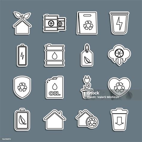 세트 라인은 쓰레기통 친환경 심장 산성비 및 방사성 구름 재활용 쇼핑백 오일 배럴 배터리 집 및 태그 잎 아이콘으로 보냅니다 벡터 0명에 대한 스톡 벡터 아트 및 기타
