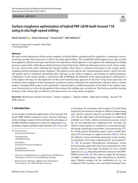 Pdf Surface Roughness Optimization Of Hybrid Pbf Lbm Built Inconel 718 Using In Situ High