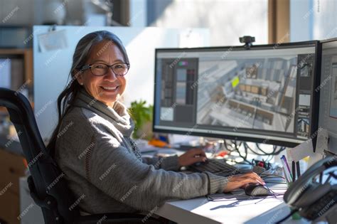 Premium Photo Portrait Of Mature Female Software Developer Working On Computer In Creative Office