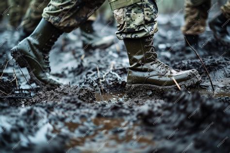 Premium Photo Soldiers Boots Trudging Through Thick Mud In A Military