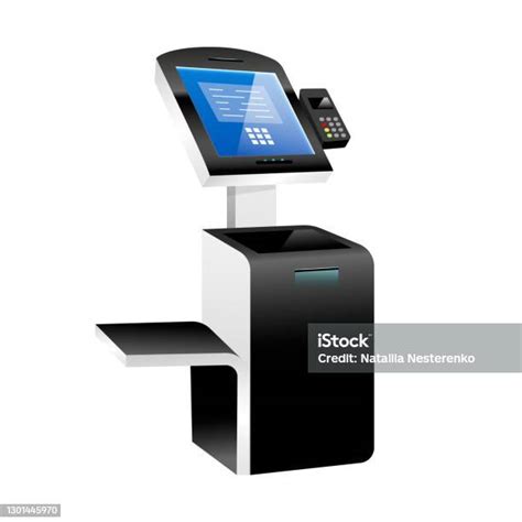 터미널 사실적 벡터 일러스트가 있는 셀프 서비스 키오스크 대화 형 지불 시스템 플랫 컬러 개체 흰색 배경에 고립 된 독립형 구조를 저장합니다 전자 급여 카운터 3차원 형태에