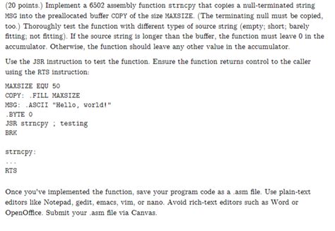 Solved 20 Points Implement A 6502 Assembly Function