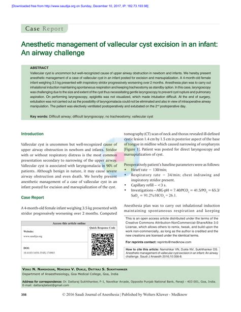 Pdf Anesthetic Management Of Vallecular Cyst Excision In An Infant