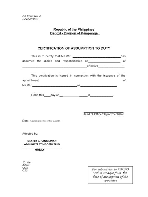 Cs Form No 4 Certification Of Assumption To Duty Pdf