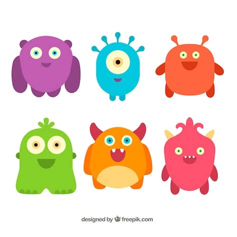 평면 스타일에 재미있는 괴물의 세트 무료 벡터