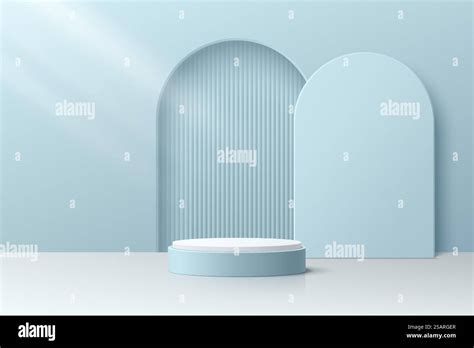 Abstract 3d Room With Realistic Blue Cylinder Pedestal Podium And Vertical Stripes In Arch Shape