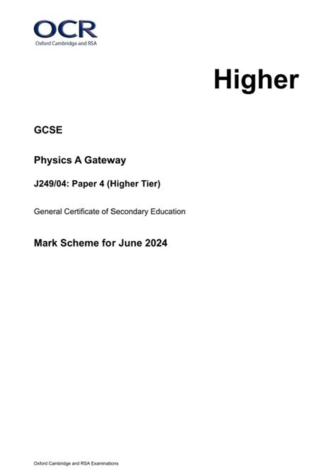 Ocr Gcse Physics A Gateway Science J249 04 Higher Tier June 2024 Question Paper And Mark