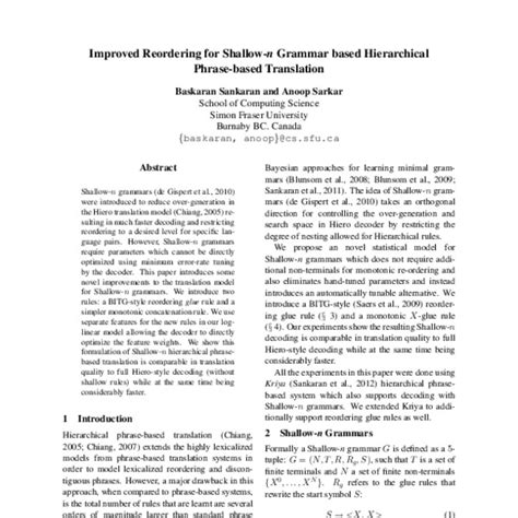 Improved Reordering For Shallow N Grammar Based Hierarchical Phrase Based Translation Acl